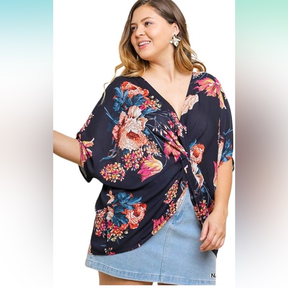 Umgee | Tops | Umgee Boho Floral Semi Sheer Twisted Front Navy Blue ...